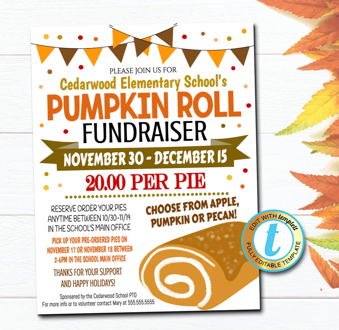 Fall Pumpkin Roll Fundraiser Flyer, Fall Pumpkin Pie Invitation, School ...