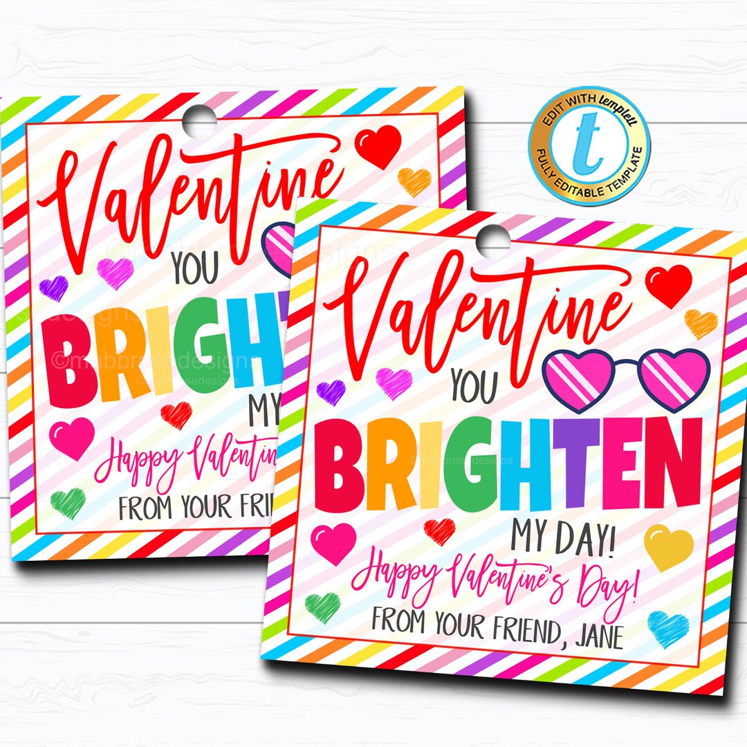 Valentine Sunglasses Gift Tags, You Brighten My Day, Valentine Gift ...
