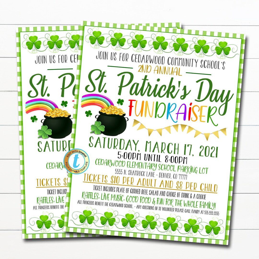 St. Patricks Day Fundraiser Flyer, Shamrock Rainbow Spring Event ...