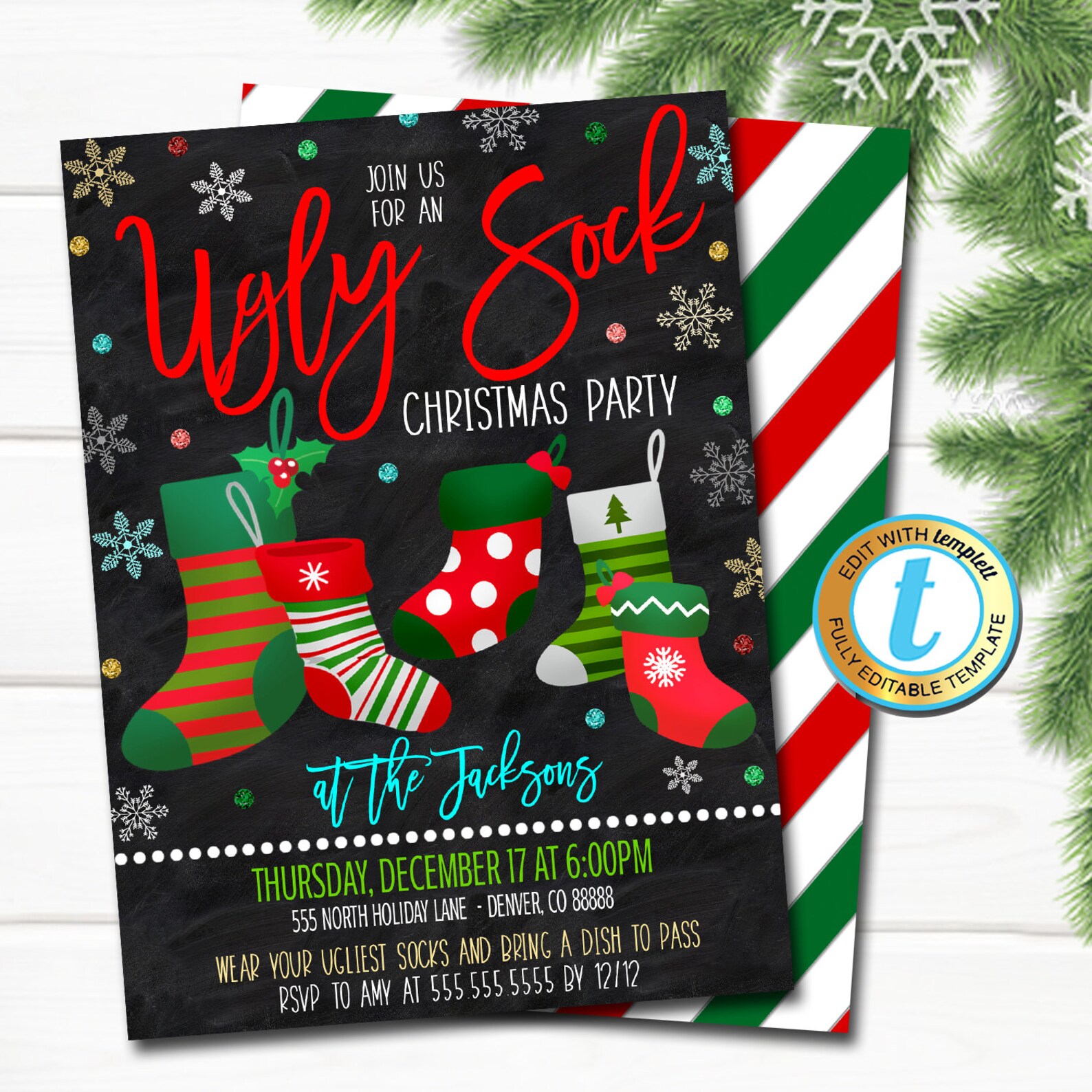 Ugly Sock Christmas Party Invitation, Chalkboard Sock Exchange Invite ...