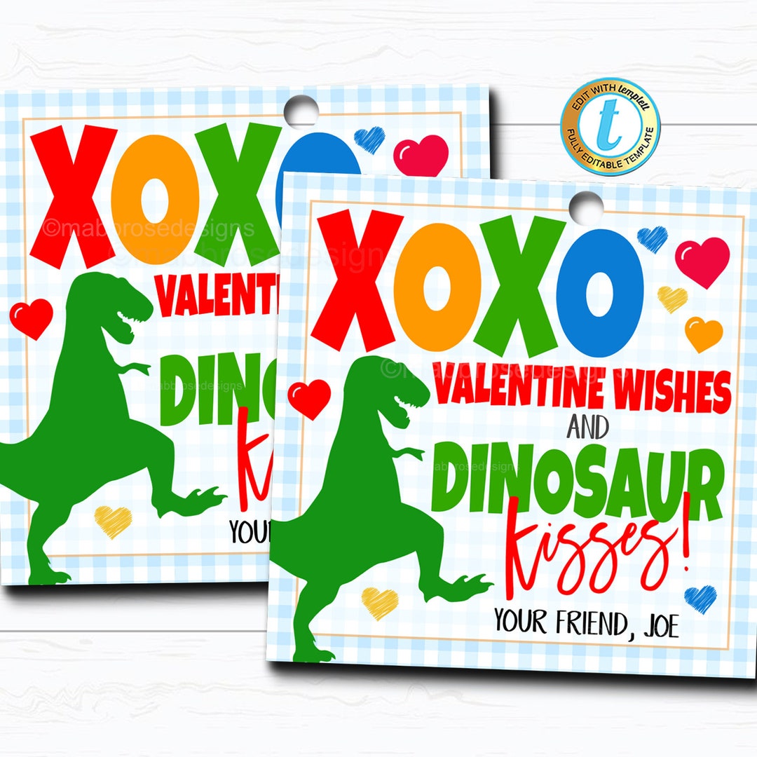 Valentine Dinosaur Tags, Dinosaur Kisses, Boy Friend Valentine Tag, Kid ...