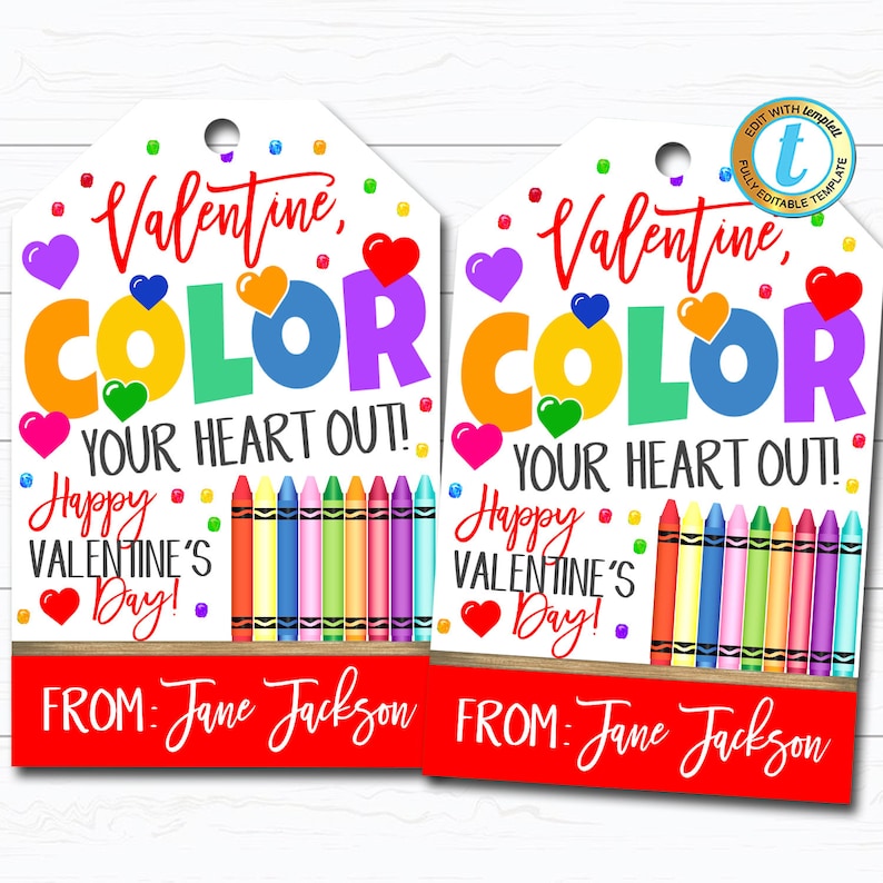 Valentine Crayon Gift Tags, Color Your Heart Out Non Candy Valentine ...