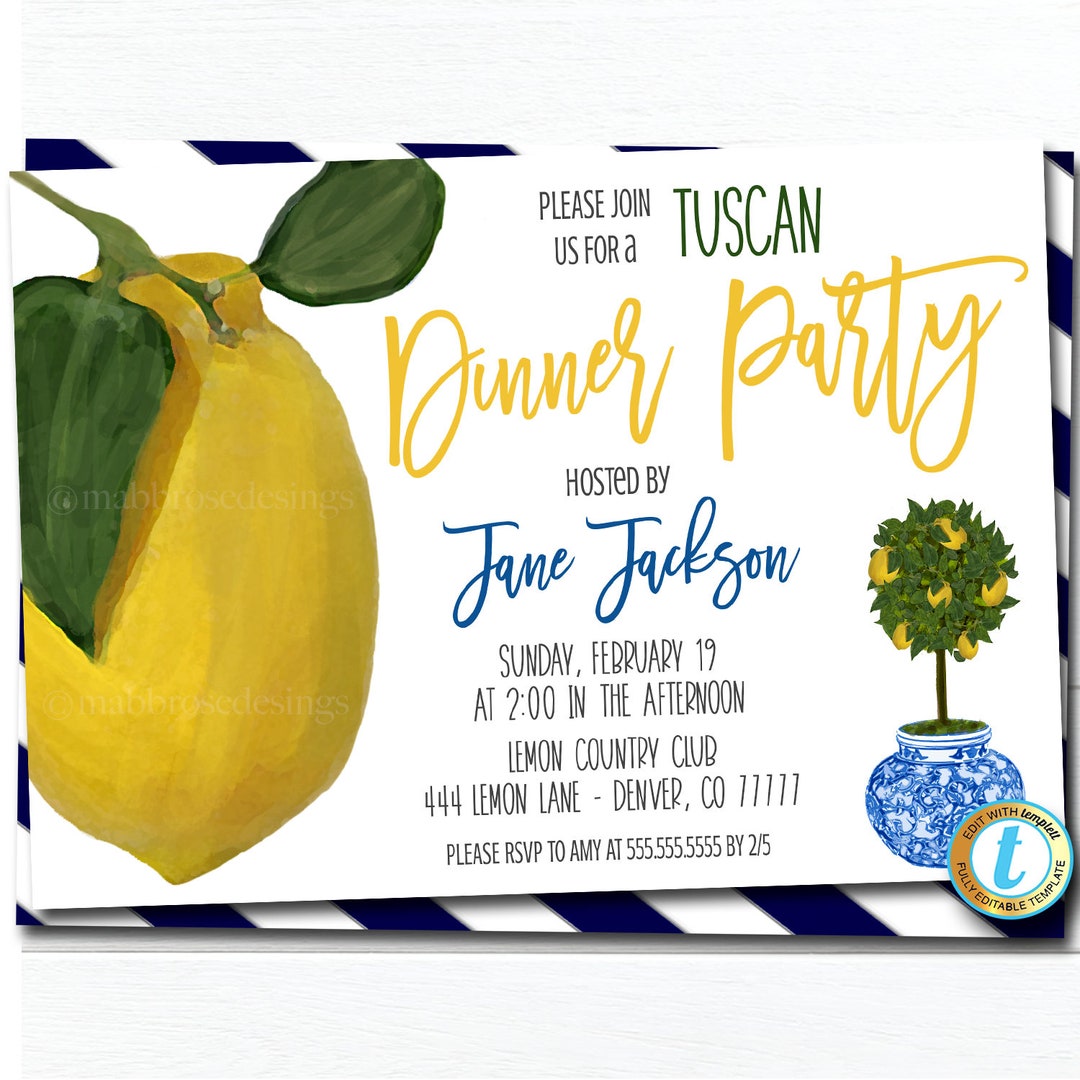 Lemon Dinner Party Invitation, Mediterranean Italian Greek Dinner ...