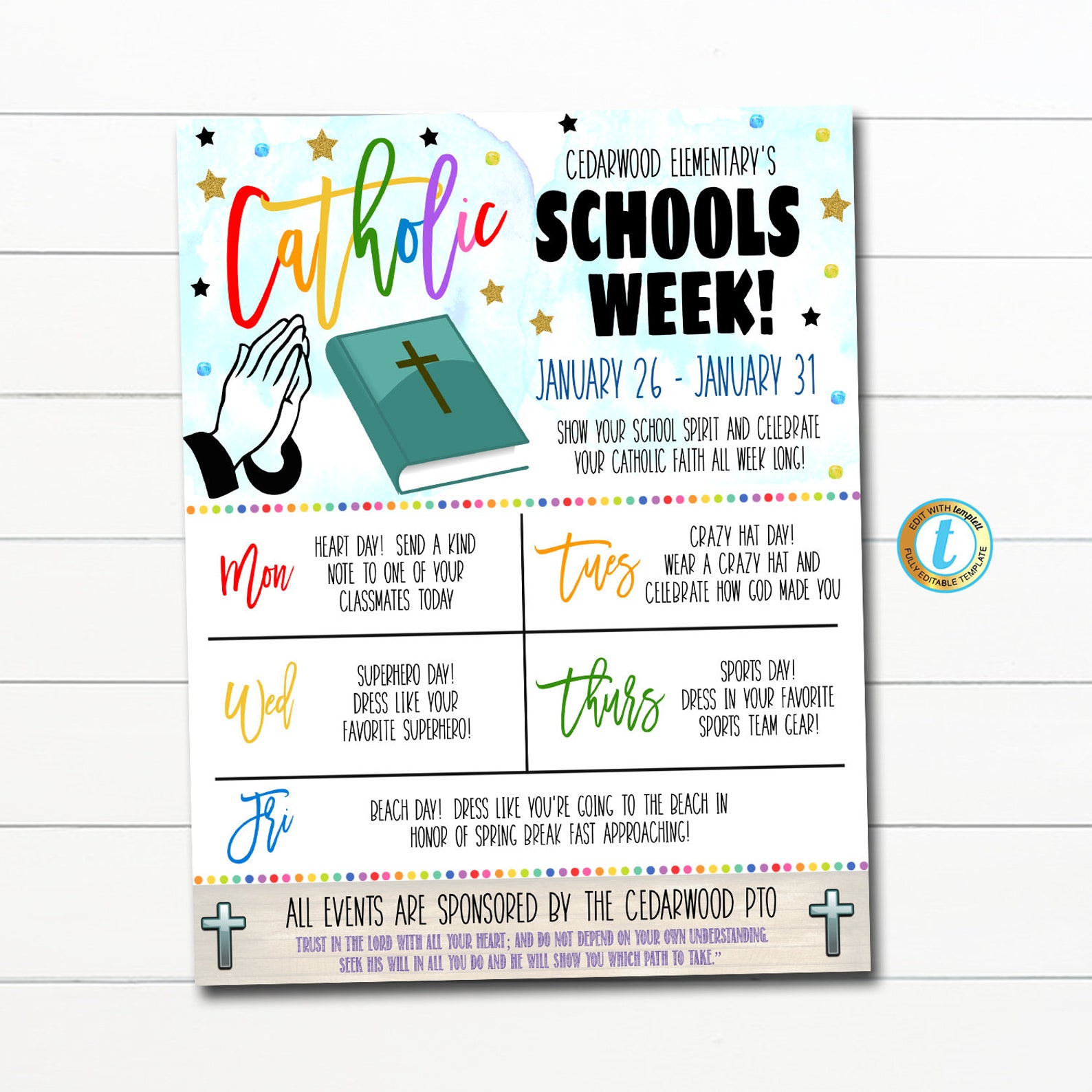 Catholic Schools Week, Spirit Itinerary Schedule, Daily Weekly Calendar, High School Pto Pta ...