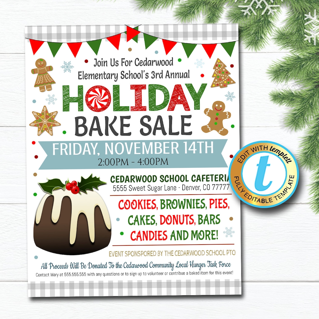 Christmas Bake Sale Flyer Holiday Bakery Invitation, School Church Pto ...