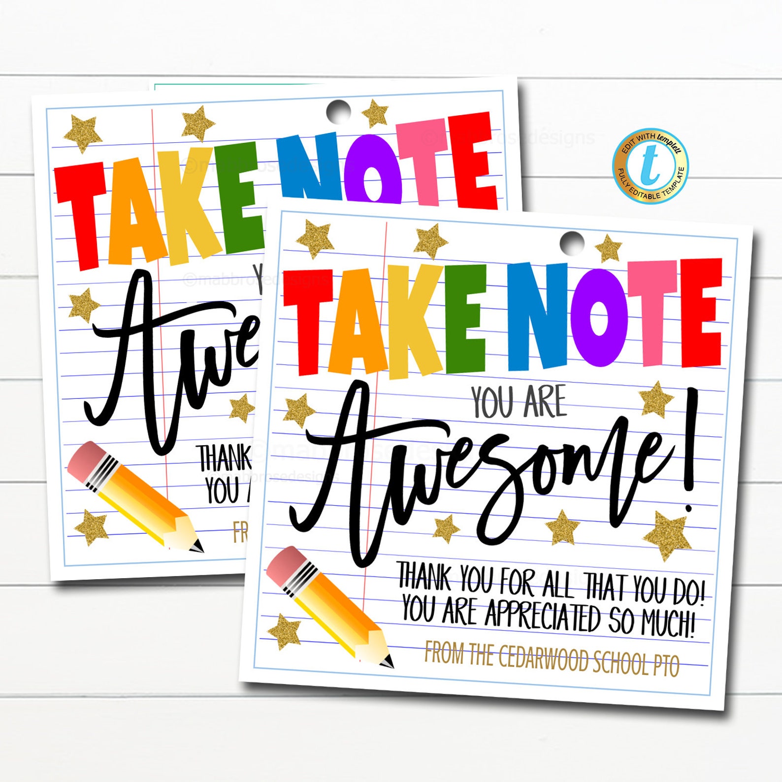 Notebook Pencil Thank You Gift Tags, Take Note You Are Awesome, Teacher ...