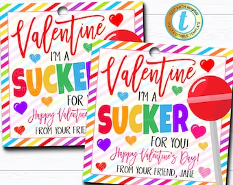 EDITABLE Valentine Sucker Gift Tags, Candy I'm a Sucker for You ...