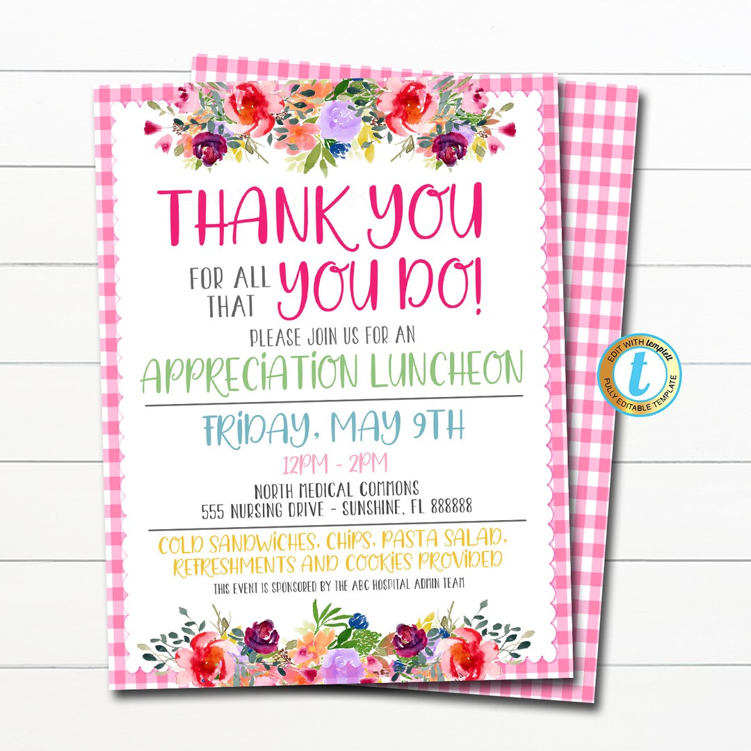 Teacher Appreciation Week Luncheon Invite, Floral Gingham Theme, Staff ...
