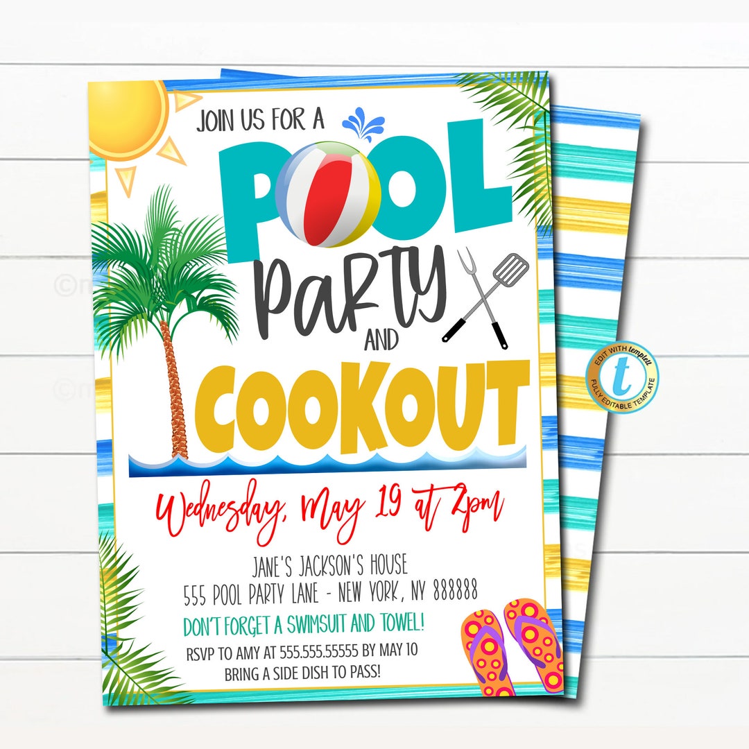 EDITABLE End of School Pool Party Invitation, Pool Party and Cookout ...