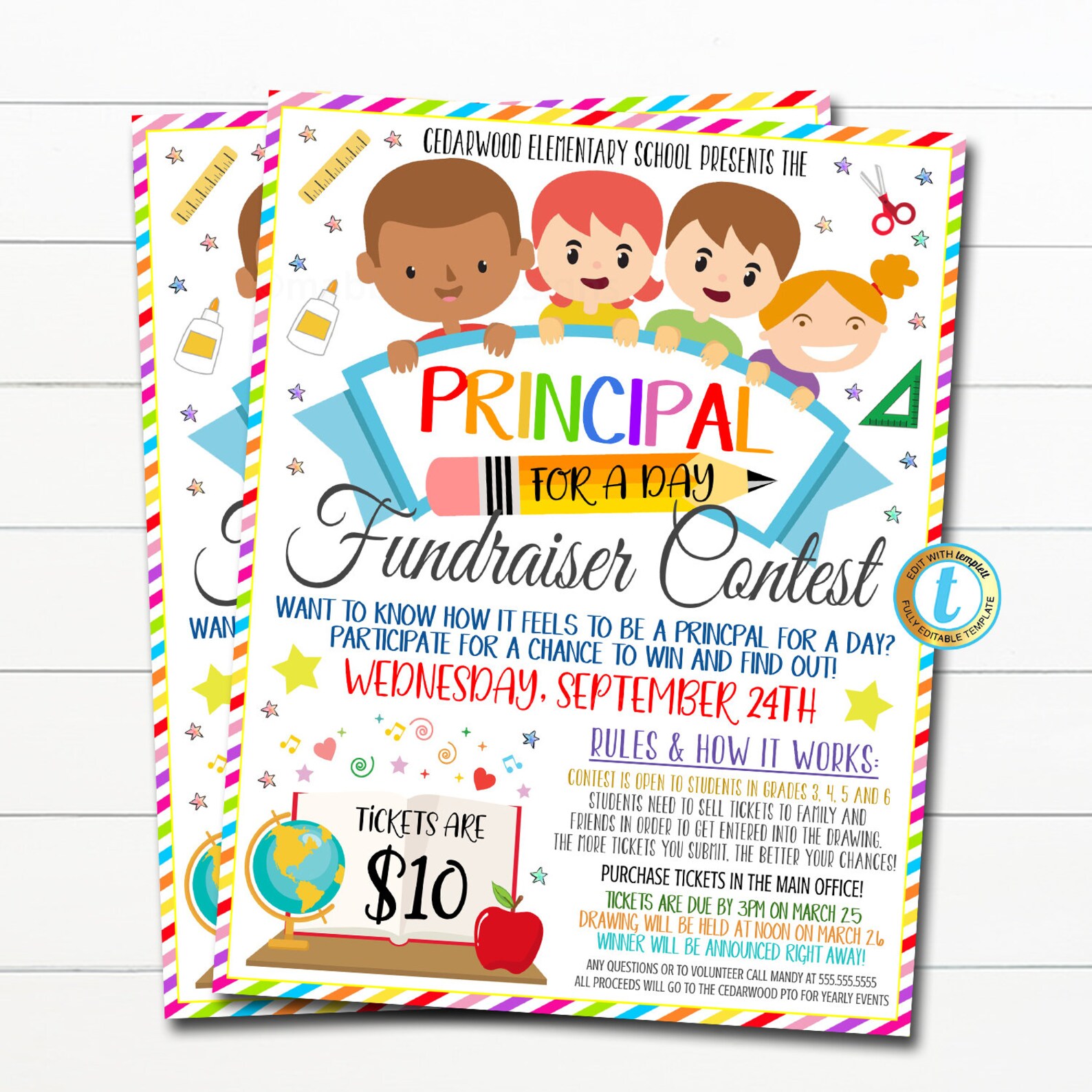 Principal for a Day Contest Fundraiser Flyer, EDITABLE Template ...