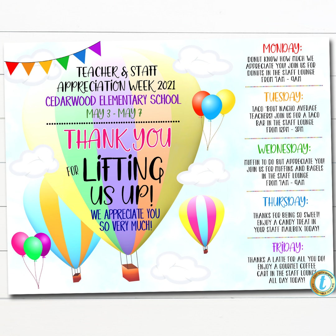 You Lift Us up Teacher and Staff Appreciation Week Itinerary Poster ...