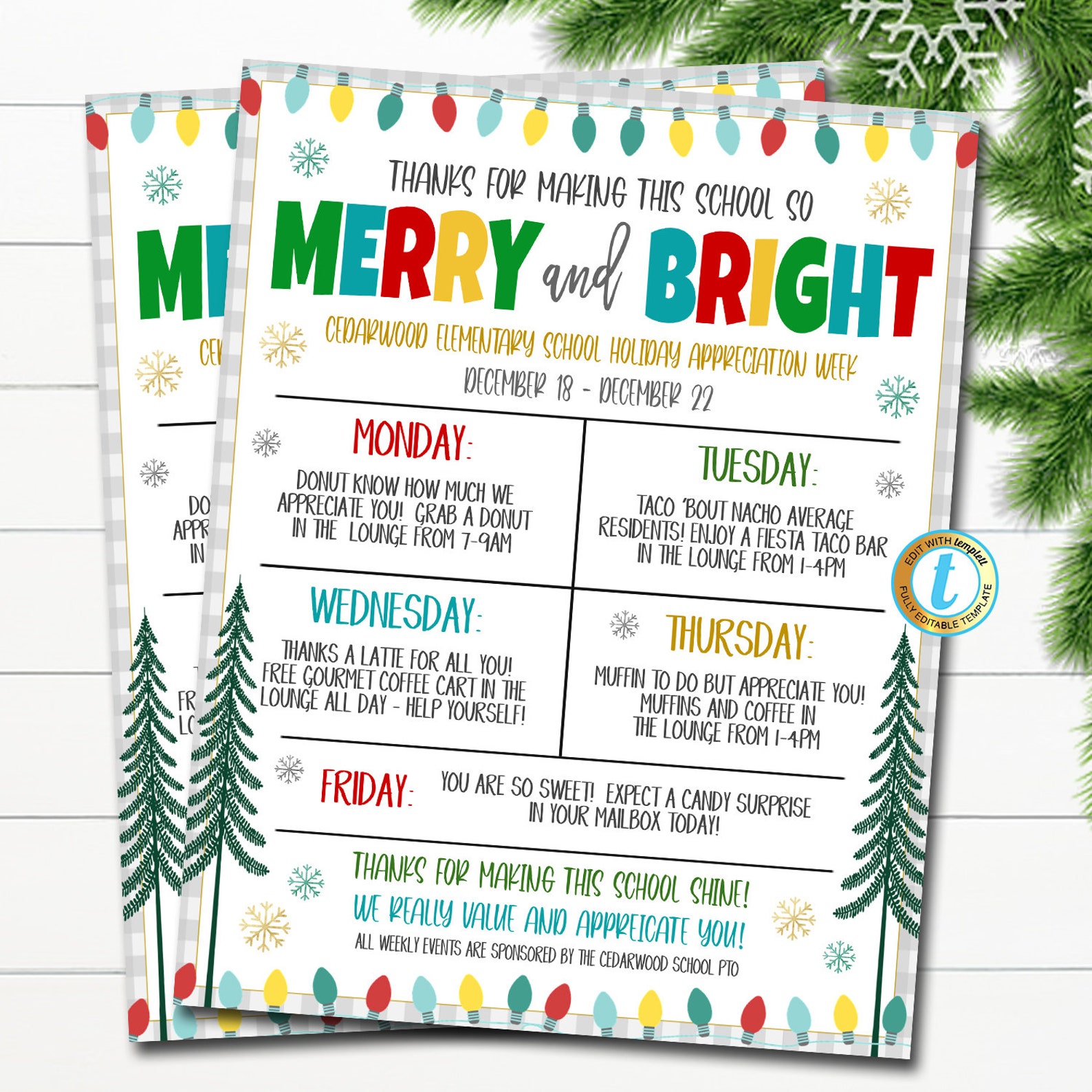 Printable Editable Holiday Teacher and Staff Appreciation Itinerary ...