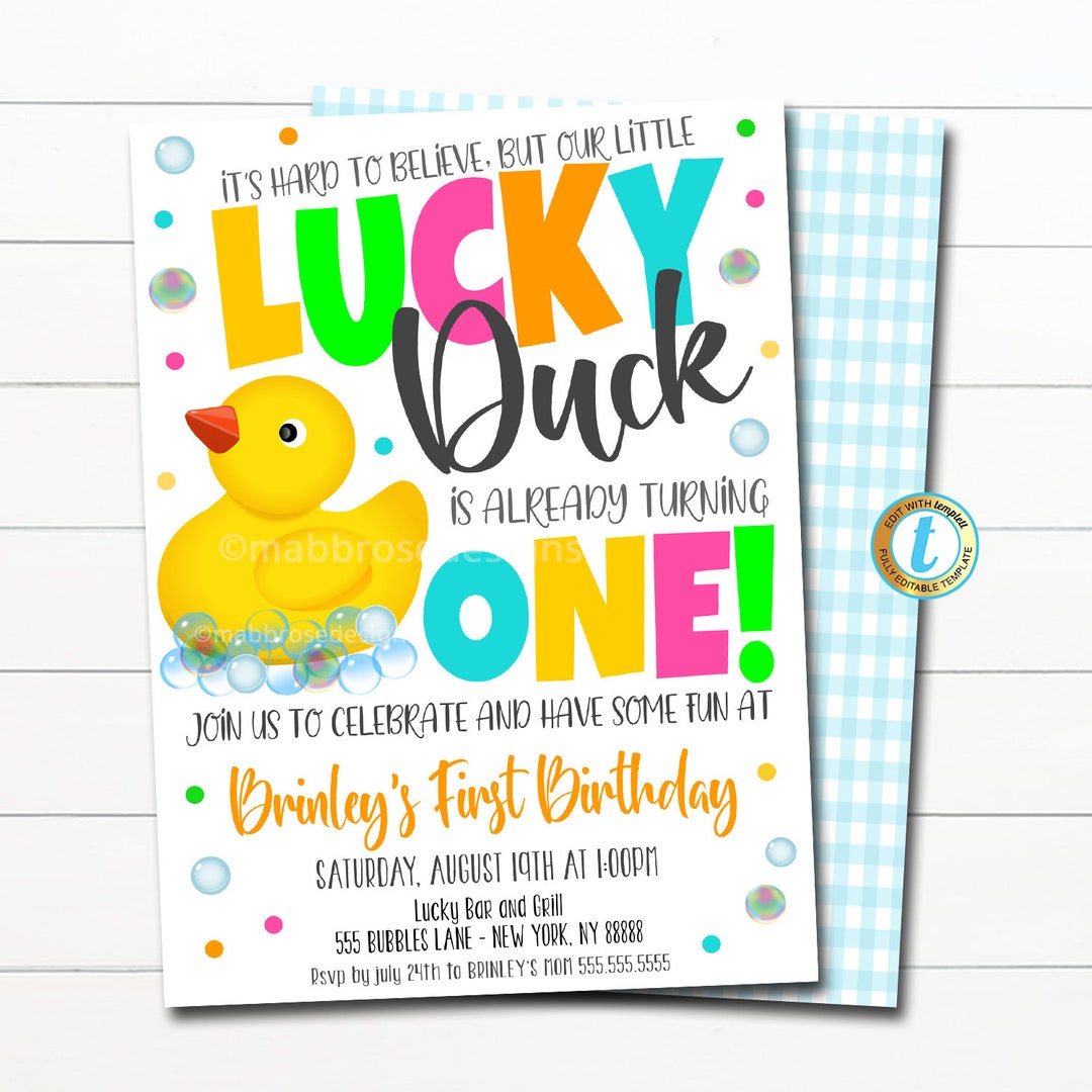 Lucky Duck First Birthday Party Invitation, Printable Kids Birthday ...