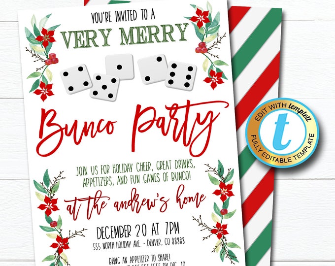 Christmas Bunco Party Invitation, EDITABLE Holiday Merry Bunco Dice ...