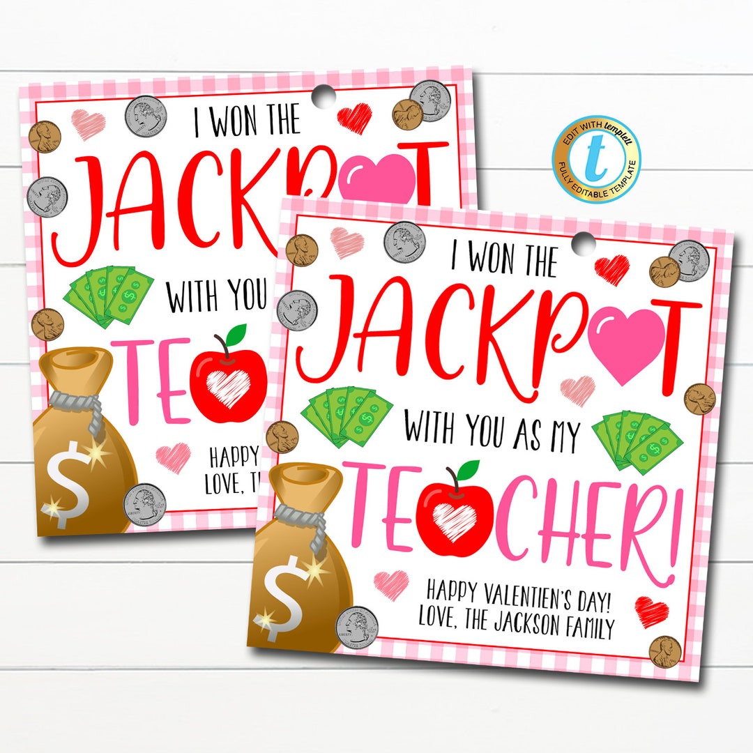 Valentine Teacher Gift Tags, I Won the Jackpot With You, Lottery Gift ...