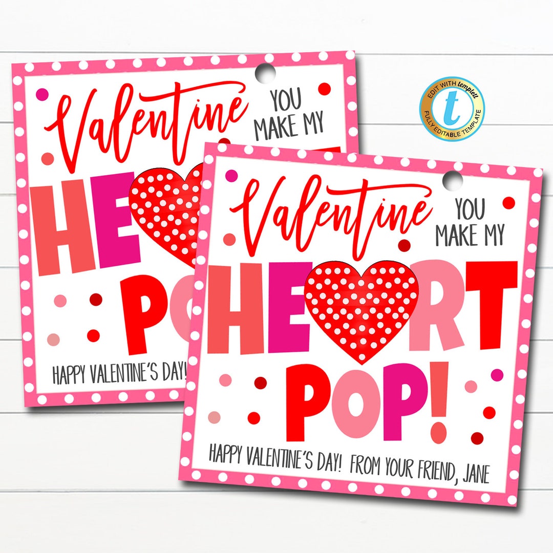 Valentine Heart Pop Gift Tags, Kids Gift Labels Valentine's Day Toy ...