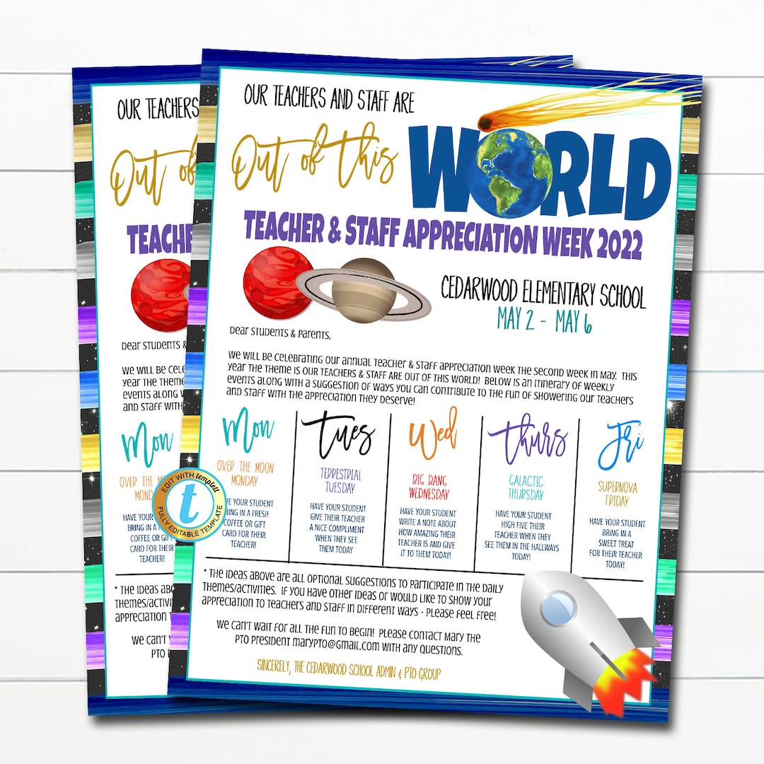 Outer Space Teacher Appreciation Week Itinerary, You're Out of This ...