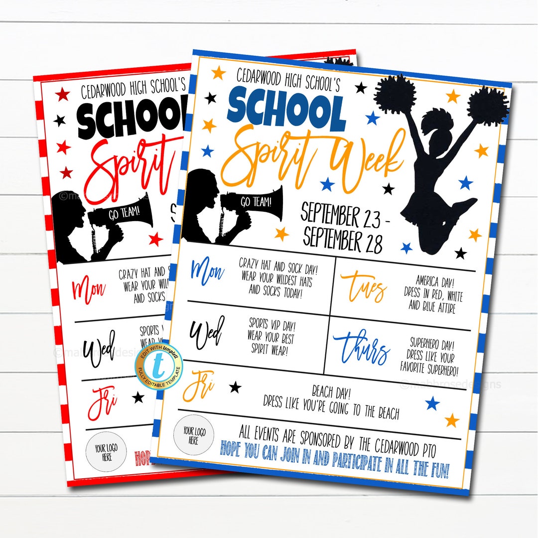 School Spirit Week Itinerary Schedule, Daily Weekly Calendar, High ...