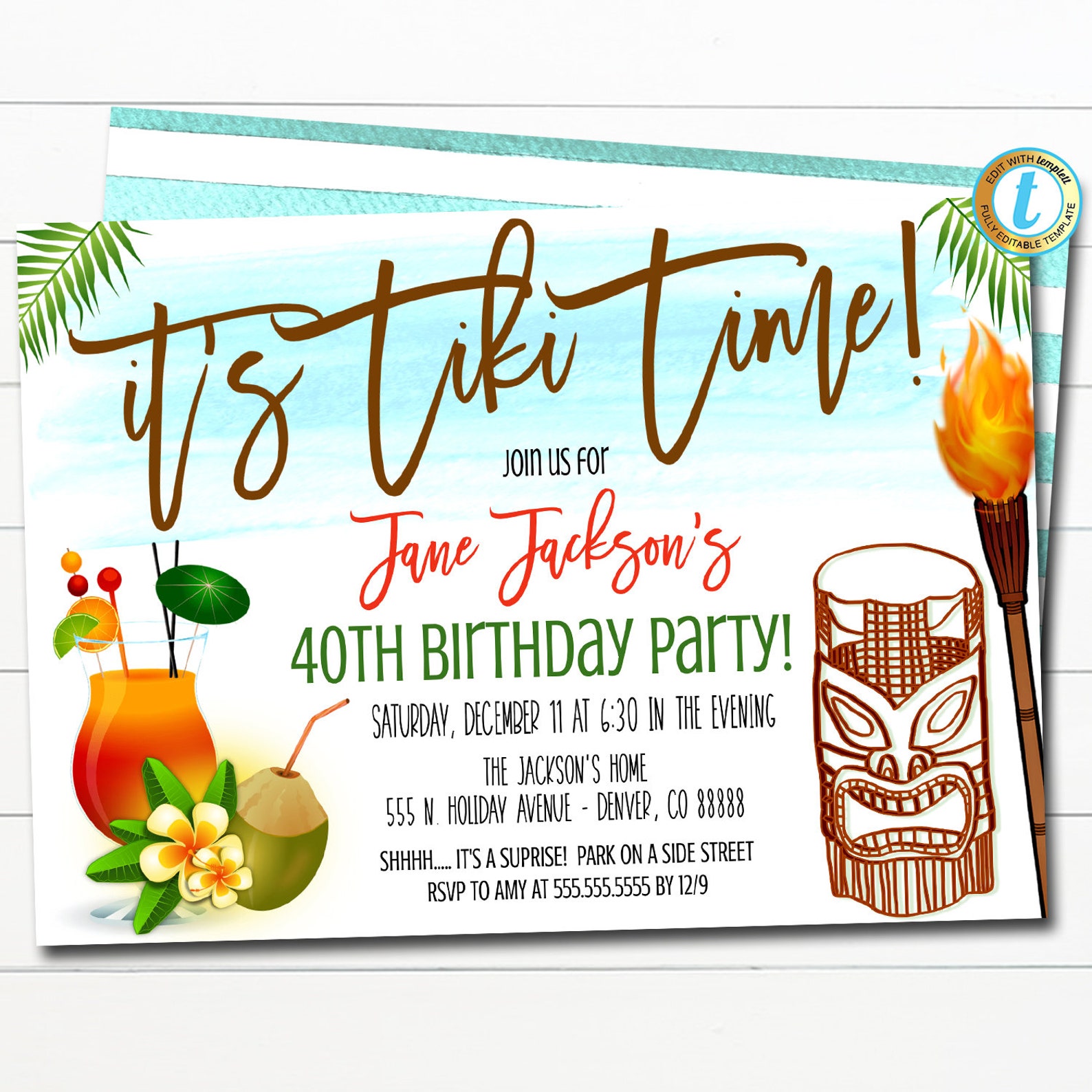 Tiki Bar Party Invitation, Birthday Party Celebration, Digital Drinks ...