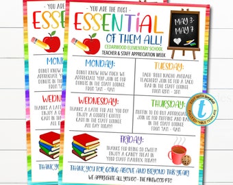 Teacher and Staff Appreciation Week Itinerary Schedule Daily | Etsy