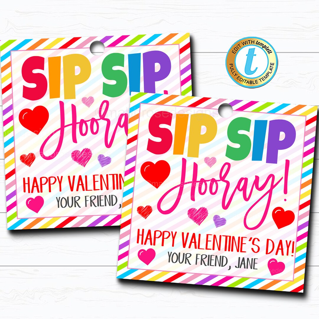 Valentine Gift Tags, Sip Sip Hooray, Crazy Straw Wine Juice Valentine ...