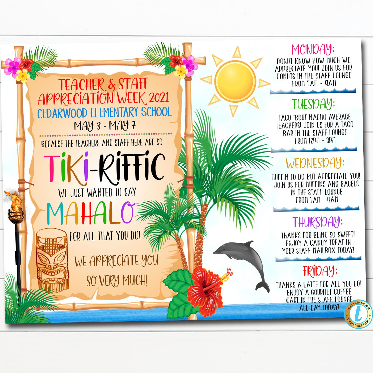 EDITABLE Hawaiian Themed Teacher Appreciation Week Itinerary Beach ...