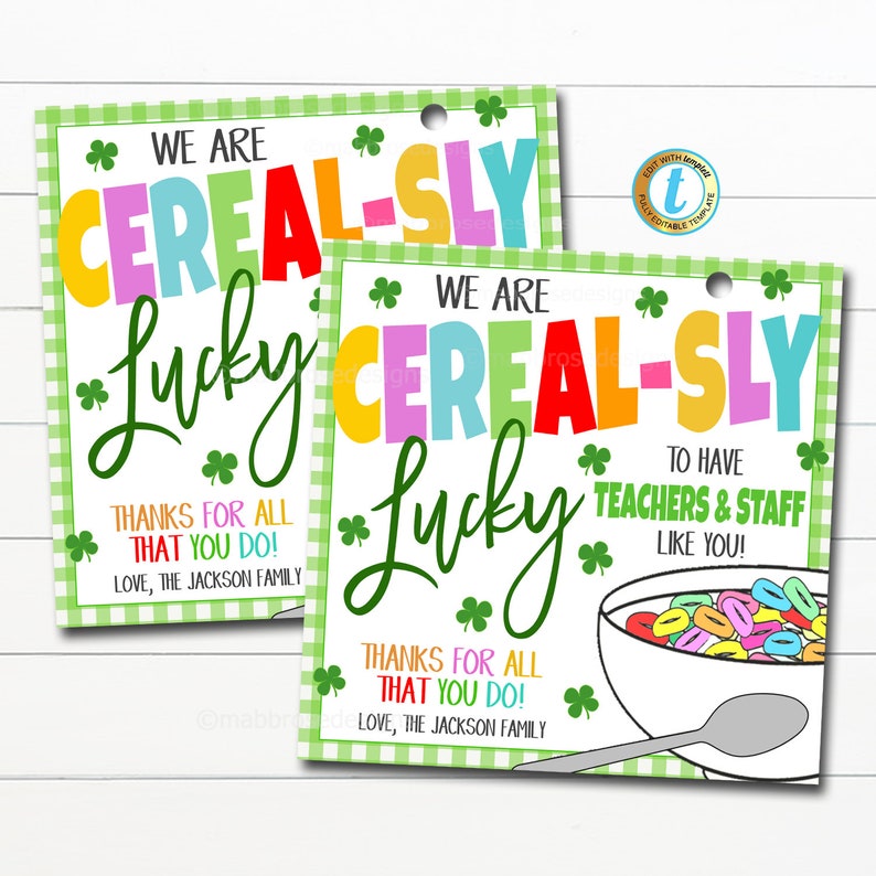 St. Patrick's Day Cereal Gift Tags, We Are Cereal-sly Lucky ...