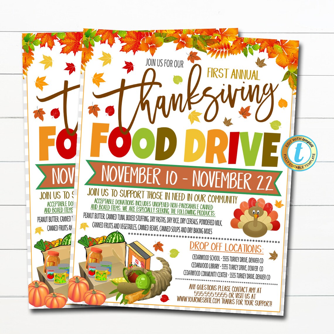 Thanksgiving Food Drive Flyer Fall Food Drive Autumn Food - Etsy