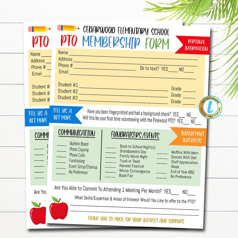 Printable PTO PTA Membership Form, Pto/pta Parent Volunteer Sign up ...