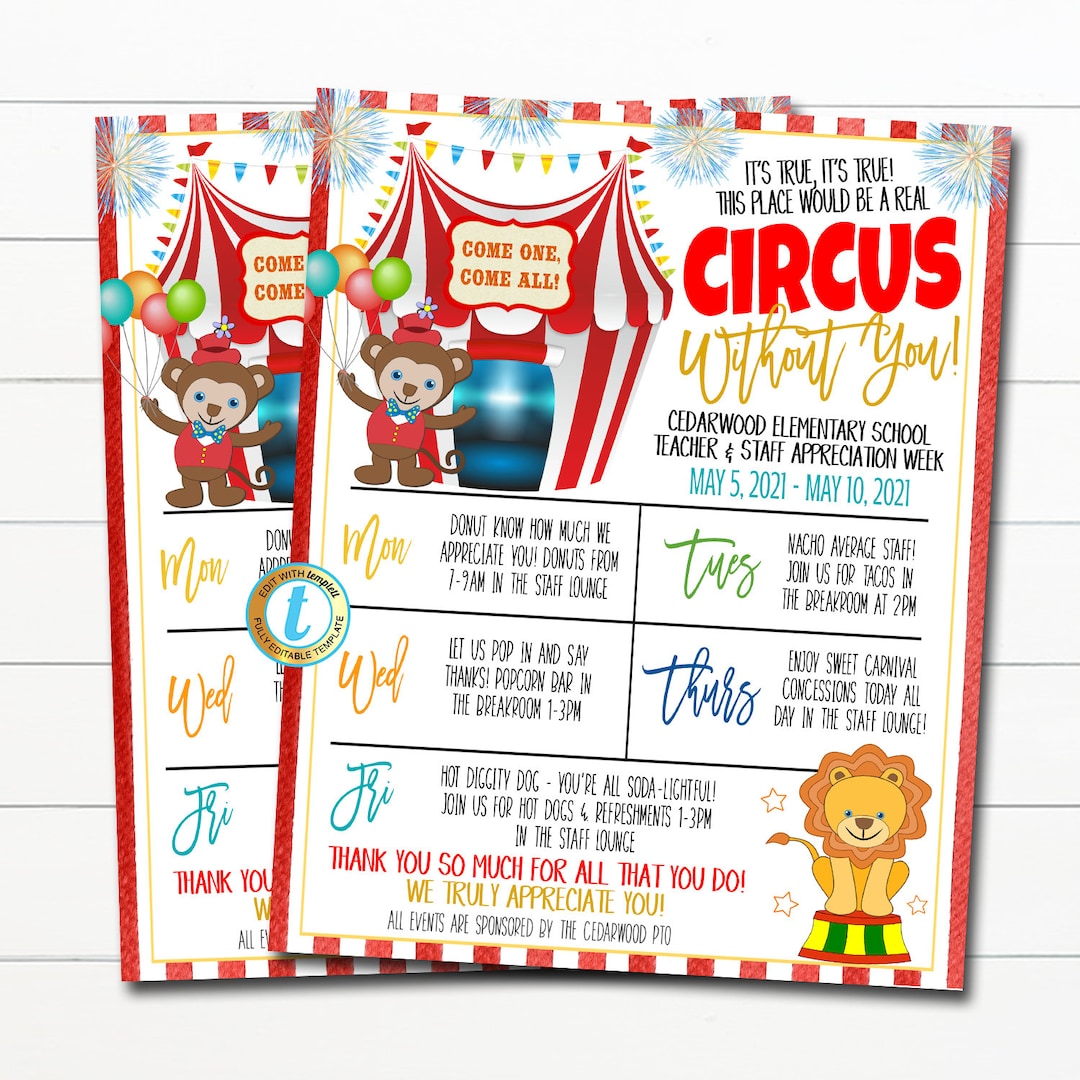 Circus Themed Teacher Appreciation Week Itinerary Poster Big Top Theme ...