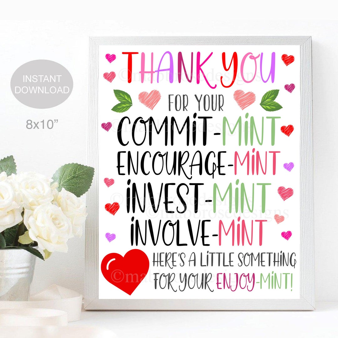 Valentine Thank You Mint Sign, Thank You Gift, School Pto Pta Volunteer ...