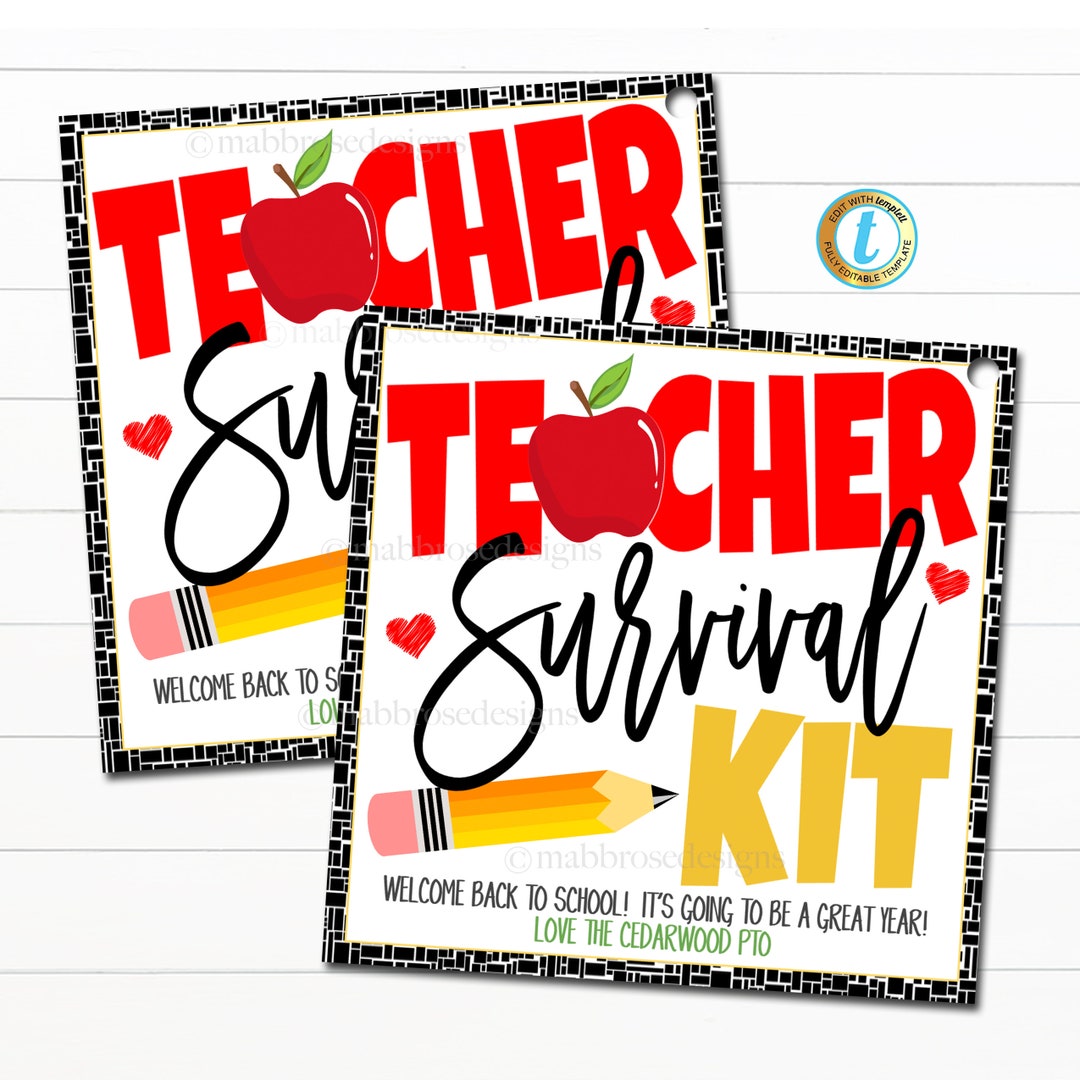 Teacher Survival Kit Gift Tags, Back to School Teacher Goodie Bag Tags ...