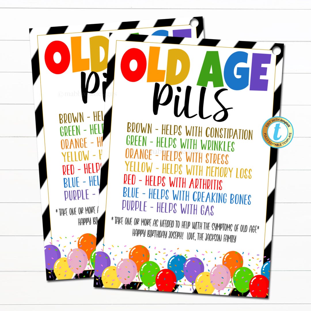 Old Age Pills Tag Printable, Over the Hill Birthday Gag Gift, Adult ...