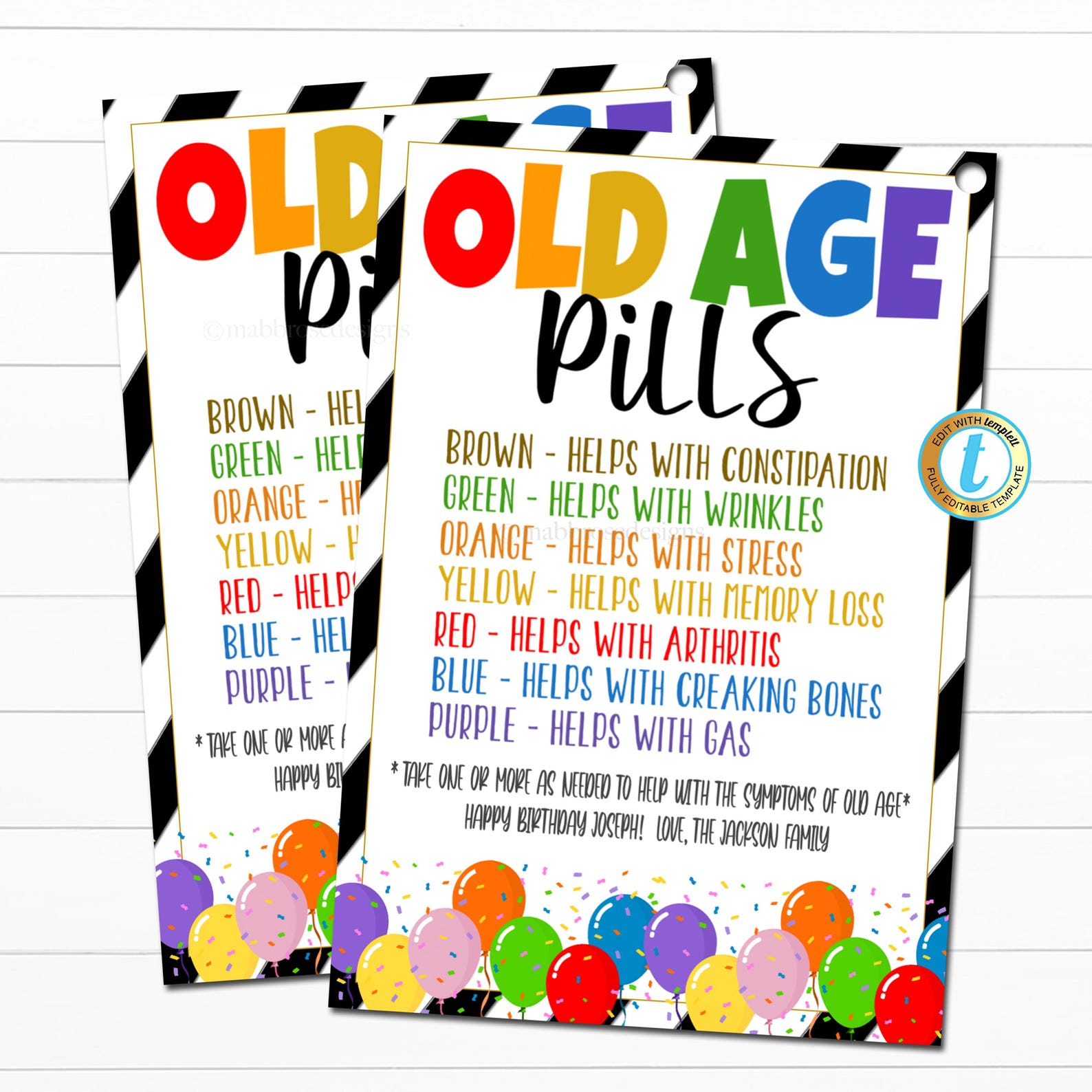 Old Age Pills Tag Printable, Over the Hill Birthday Gag Gift, Adult ...