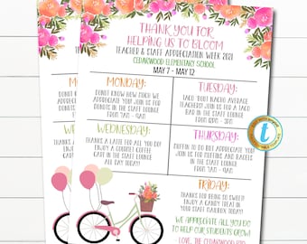 EDITABLE Teacher Appreciation Week Itinerary, Appreciation Bloom Grow ...