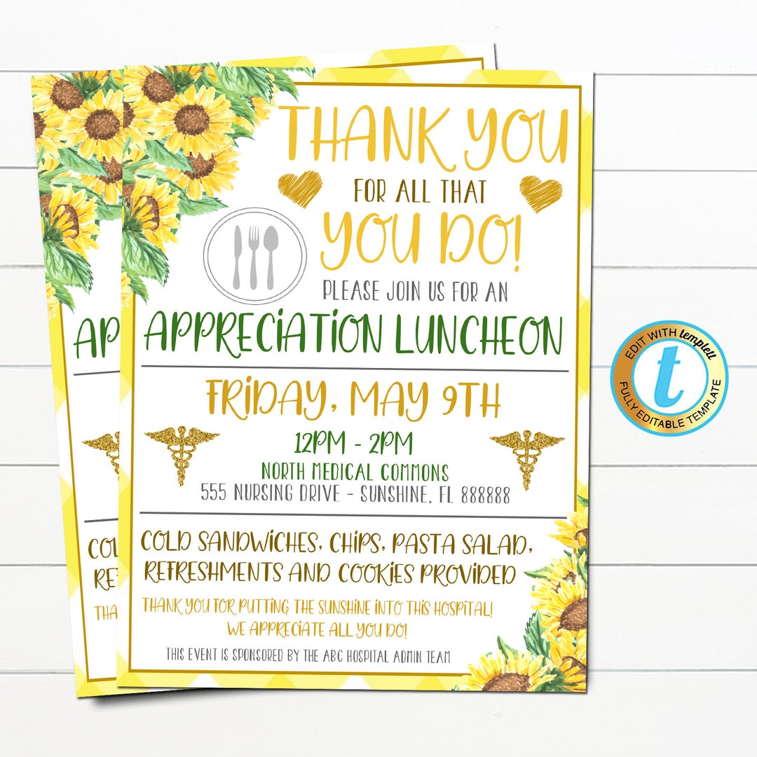 Nurse Appreciation Luncheon Invitation, Thank You Healthcare Workers ...