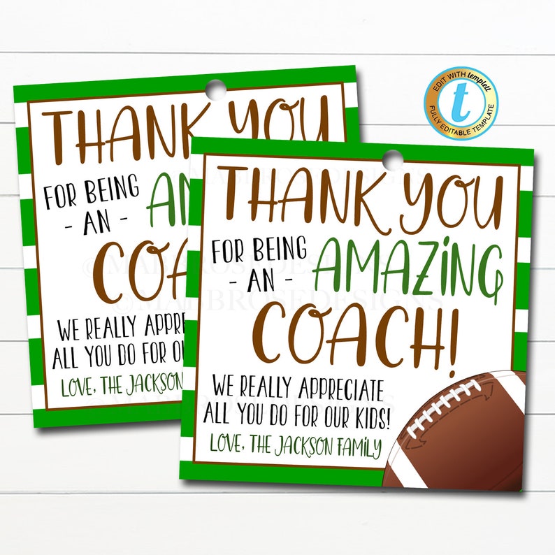 Football Coach Gift Tag, School Sports Team Appreciation, Thank You to ...