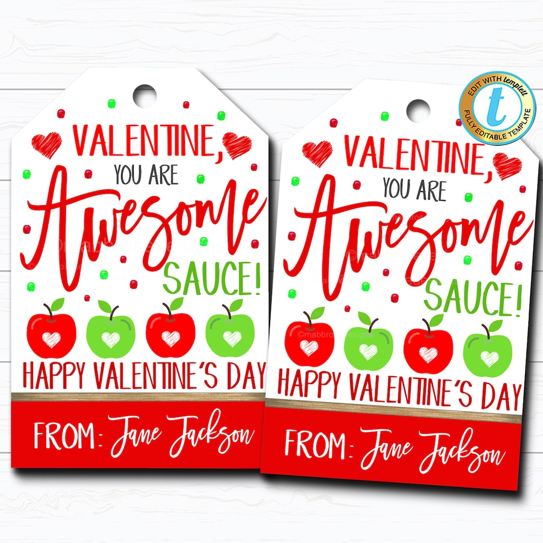 Valentine Applesauce Gift Tags, You're Awesome-sauce, Apple Fruit ...