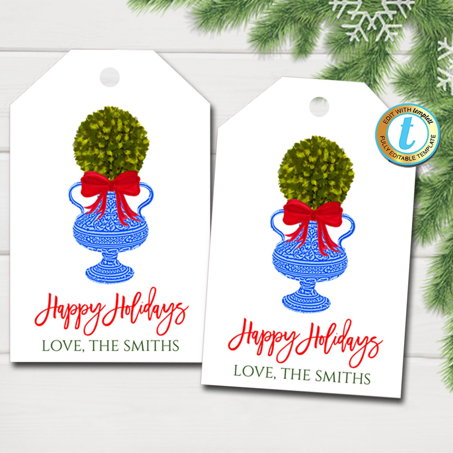 Christmas Ginger Jar Gift Tags, Boxwood Topiary Red Ribbon, Preppy ...