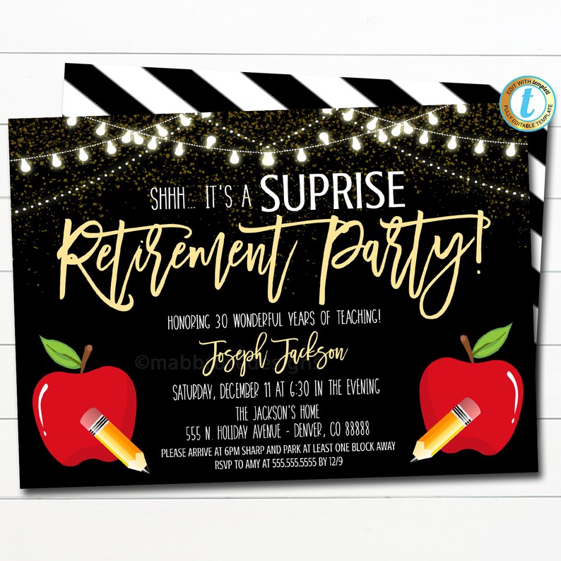 Editable Teacher Retirement Invitation Apple Printable Digital - Etsy