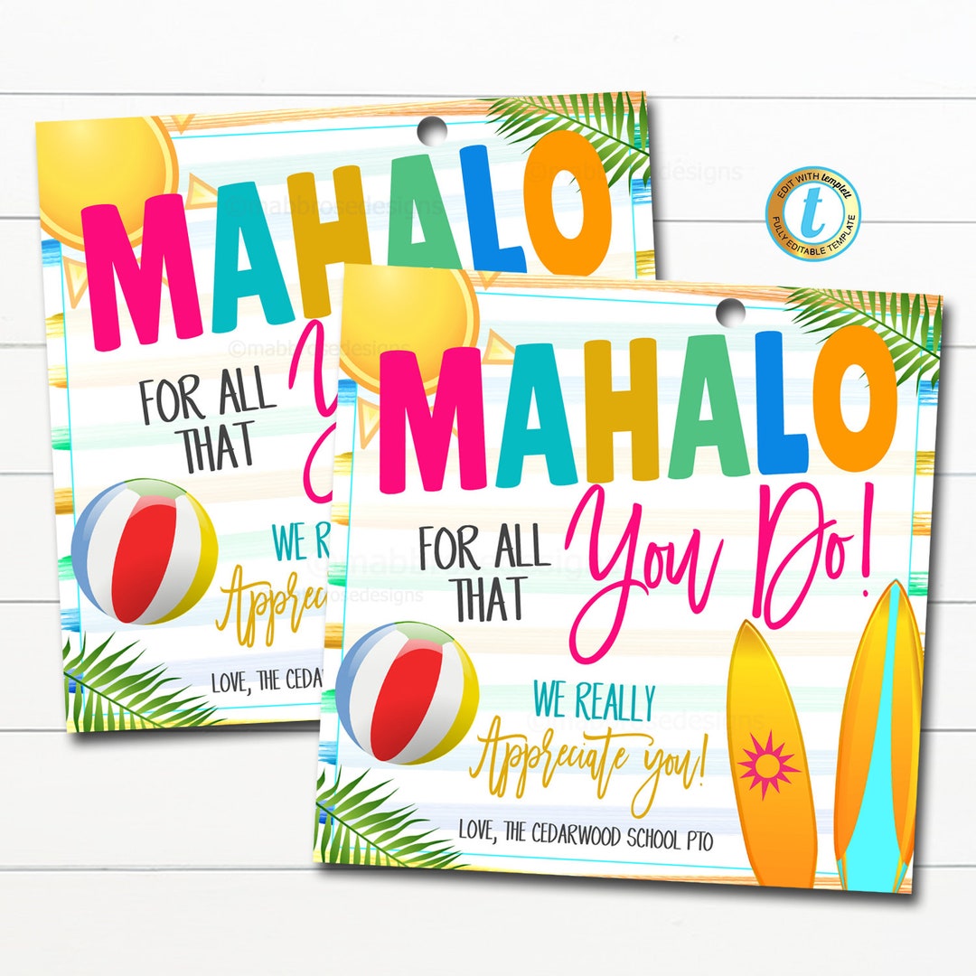 Mahalo Thank You Tag, Thanks for All You Do, Tropical Beach Teacher ...