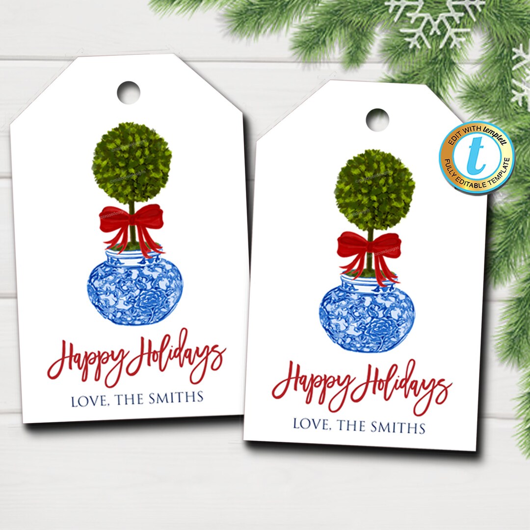 Christmas Ginger Jar Gift Tags, Boxwood Topiary Red Ribbon, Preppy ...
