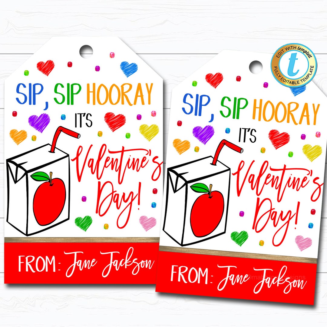 Valentine Juicebox Gift Tags, Sip Sip Hooray, Apple Fruit Juice ...