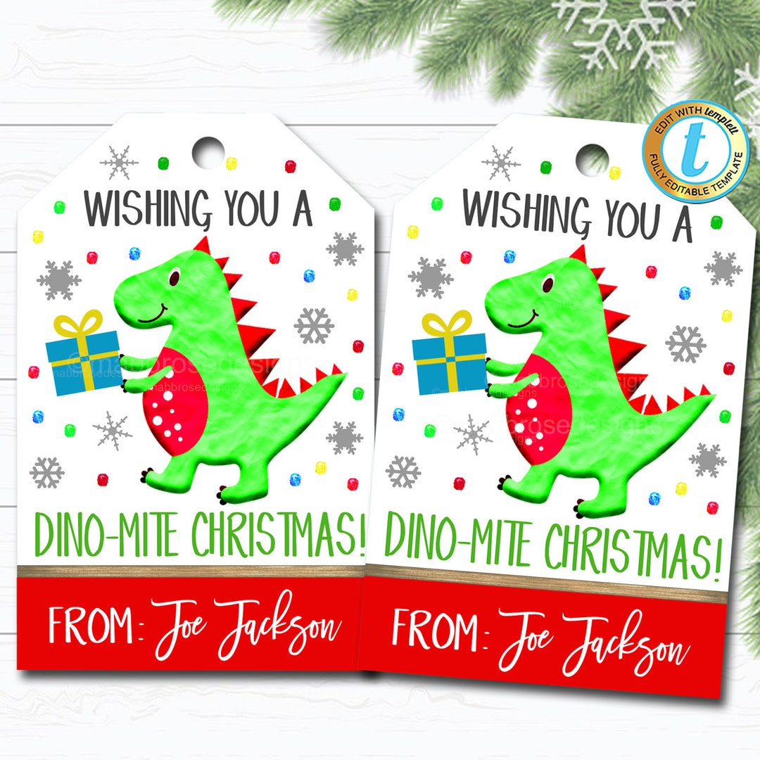 Christmas Dinosaur Tags, Wishing You a Dino-mite Christmas Holiday Tag ...