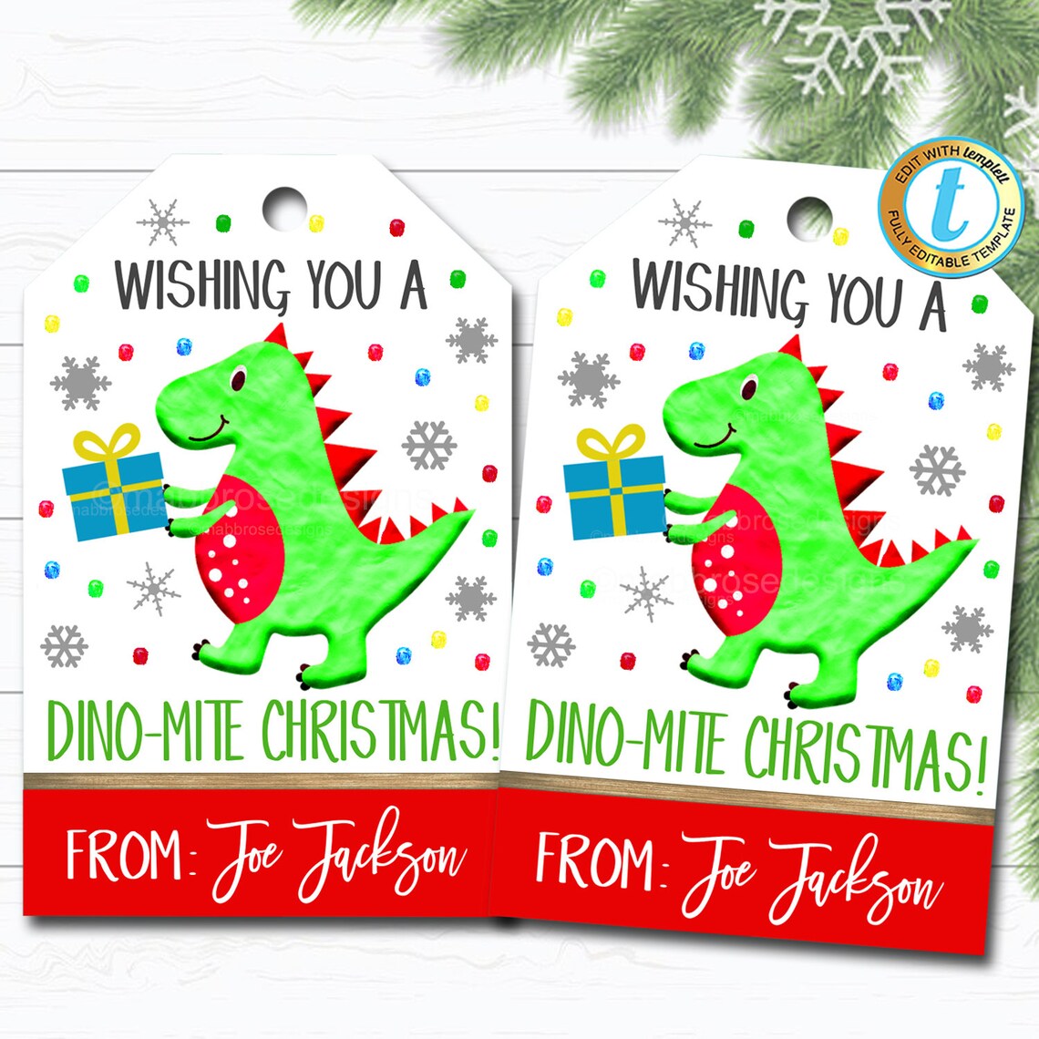 Christmas Dinosaur Tags, Wishing You a Dino-mite Christmas Holiday Tag ...