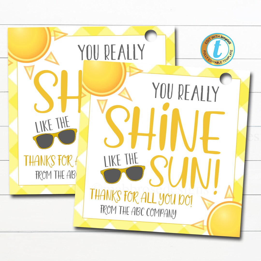 Yellow Sunshine Gift Box Tag, You Shine Like the Sun, Thank You Card ...