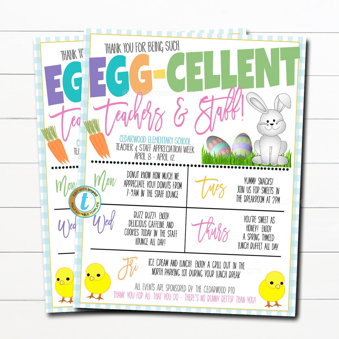 Easter Teacher Appreciation Week Itinerary, You're Egg-cellent March ...