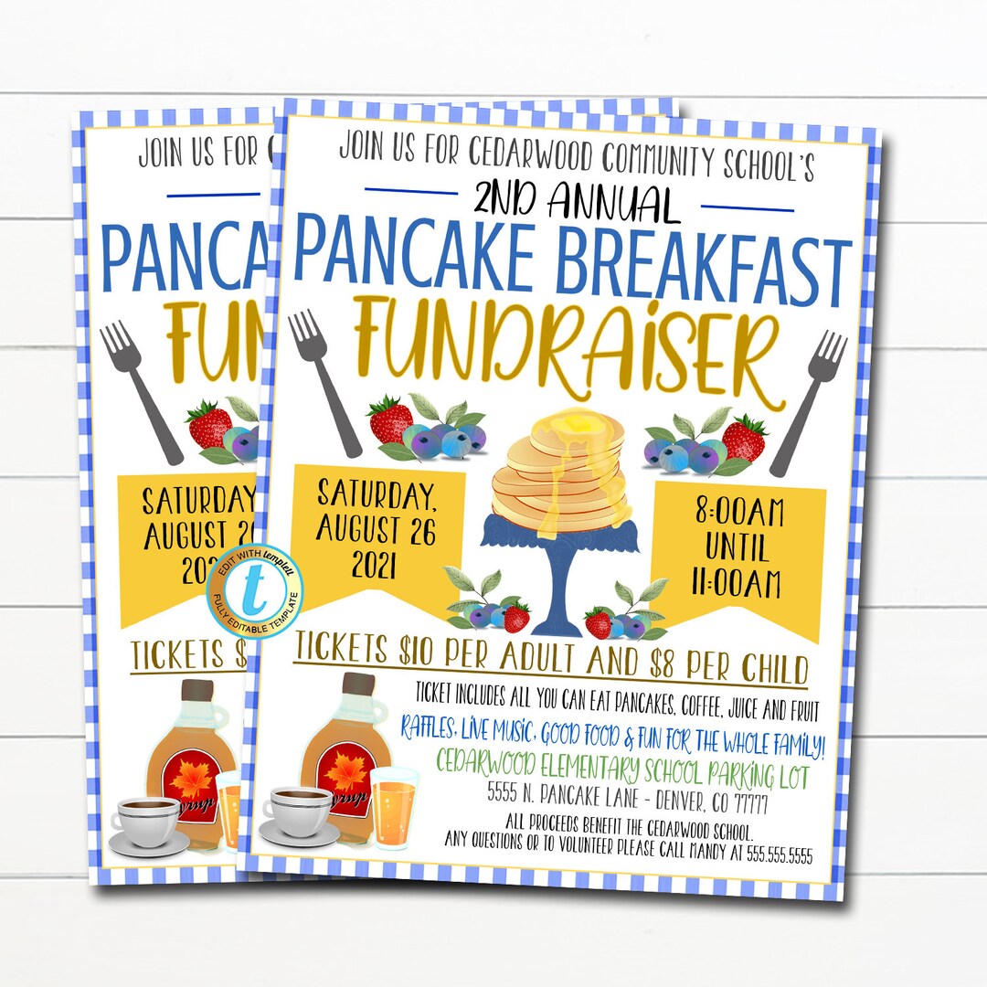 Editable Pancake Breakfast Fundraiser Flyer, Poster Set, Pto Pta ...