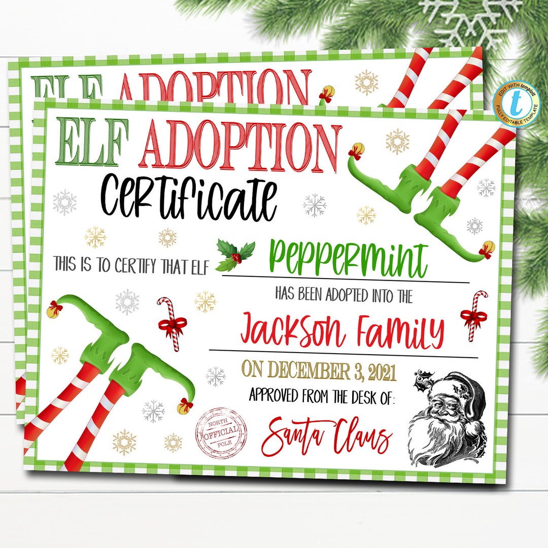 Elf Adoption Certificate Printable, Christmas Kids Holiday Elf Ideas ...