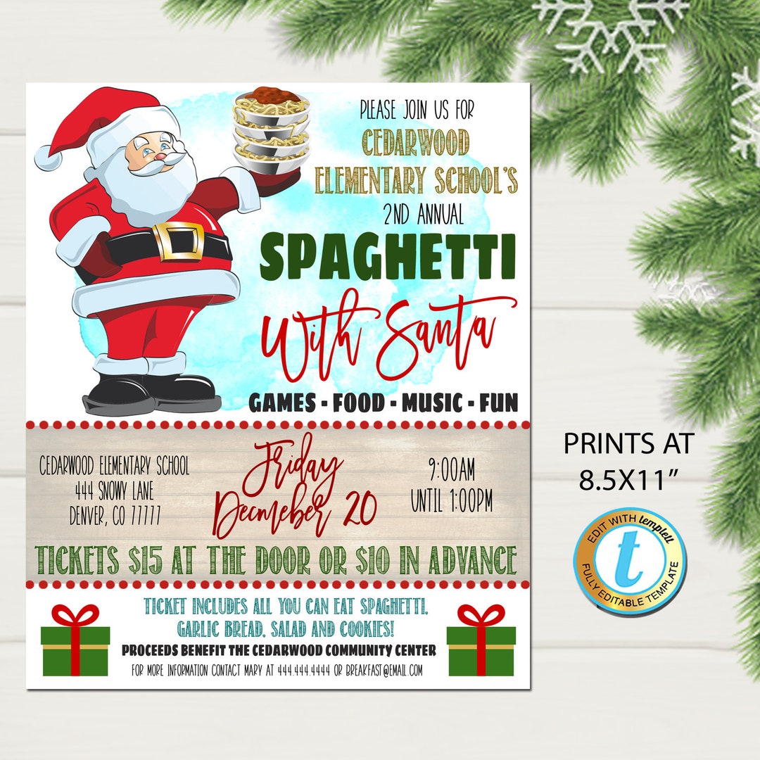Spaghetti With Santa Flyer, Christmas School Church Pto Pta, Holiday ...